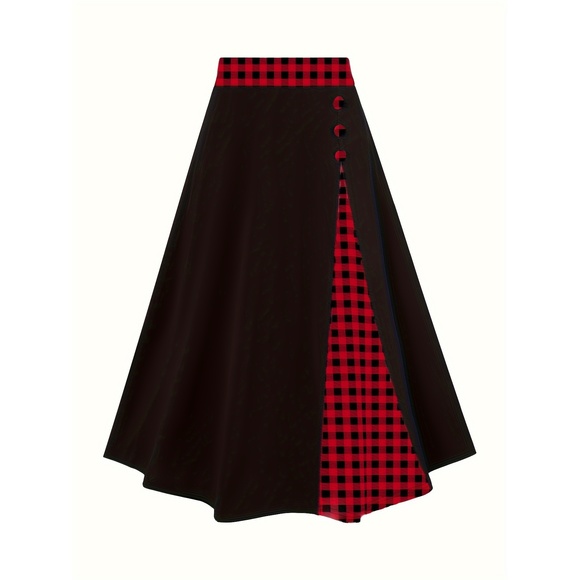 THML | Skirts | Color Block Plaid High Waist Skirt Elegant Button ...